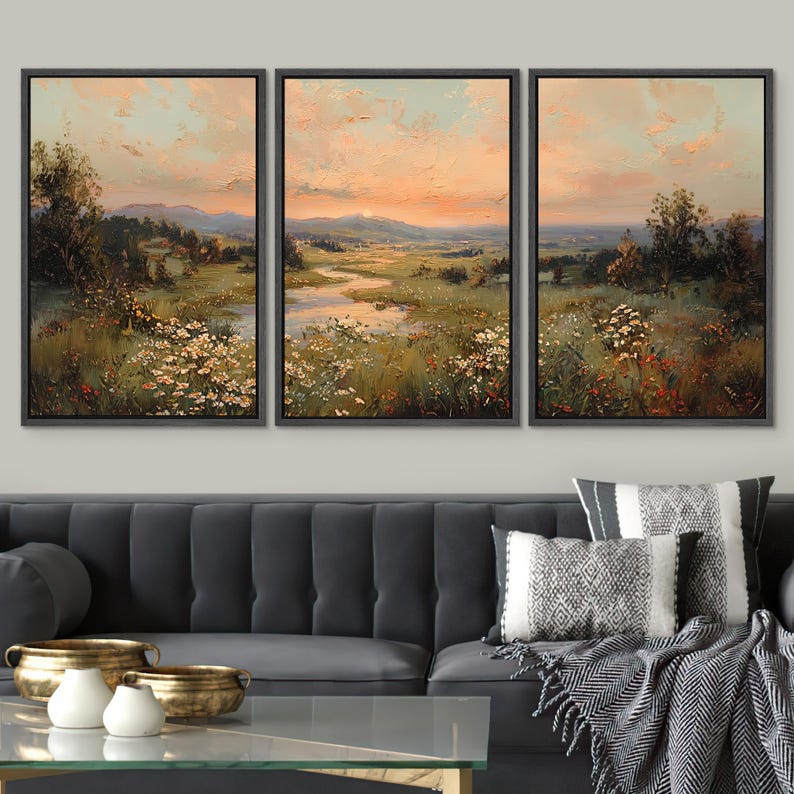 Large Framed Vintage Sunset Landscape Wall Art, Wildflower Meadow River ...