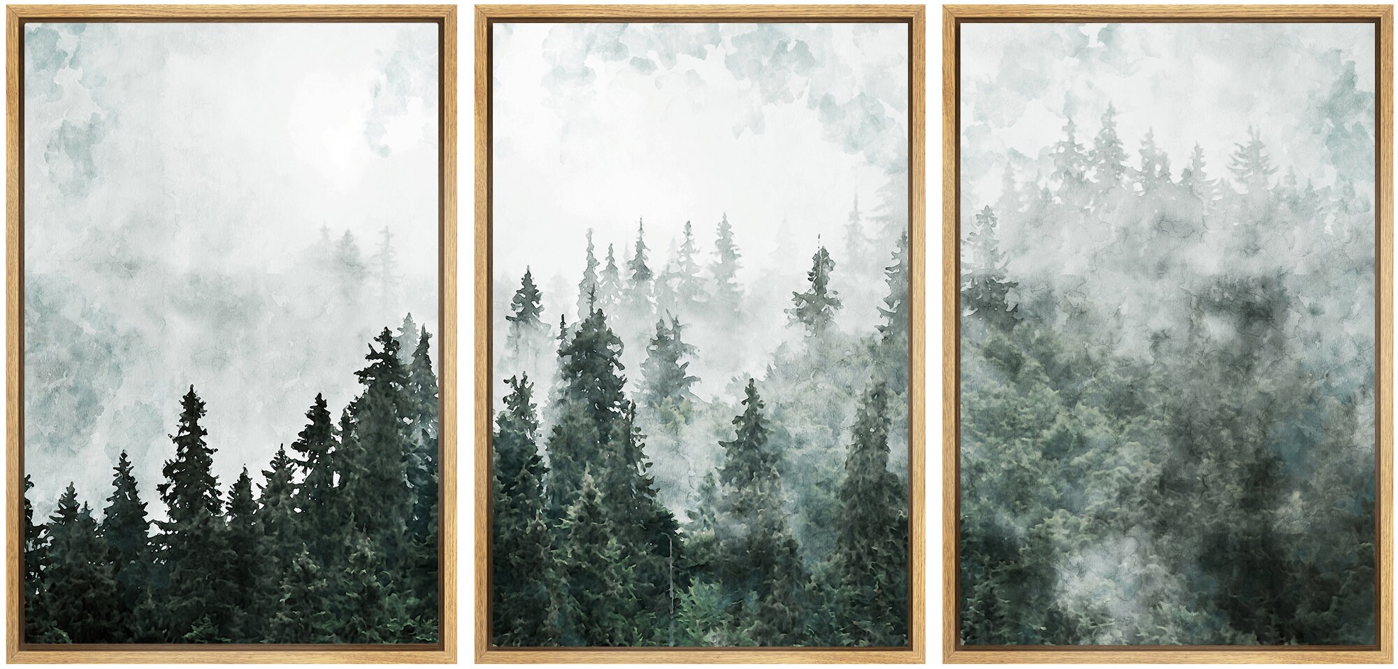 Dustinway Framed Canvas Print Wall Art Set of 3 Watercolor Green Forest ...