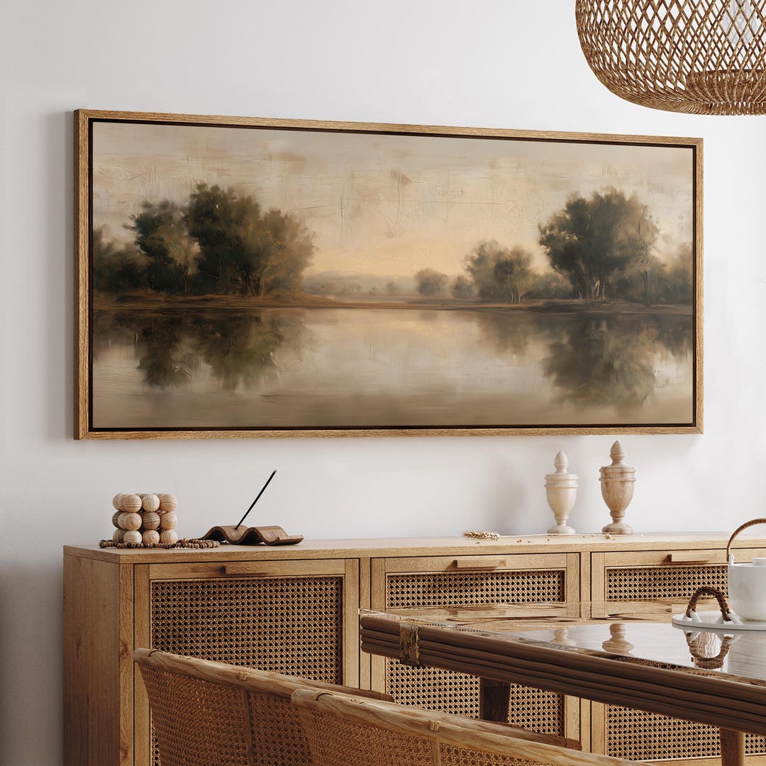 Large Framed Neutral Landscape Wall Art, Soft Brown Lake Reflection ...