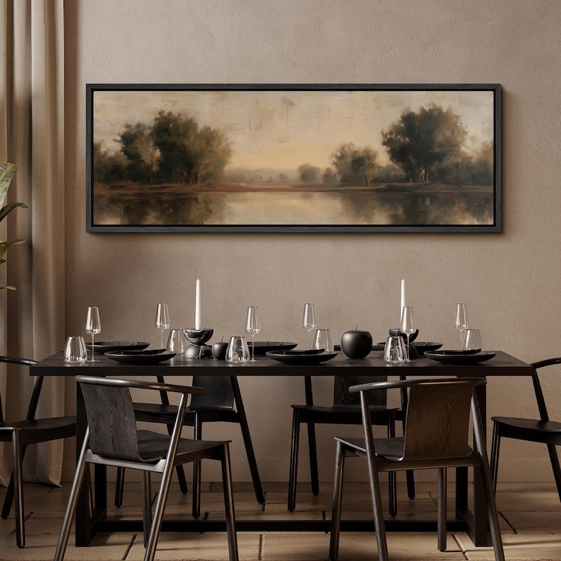 Large Framed Neutral Landscape Wall Art, Soft Brown Lake Reflection ...