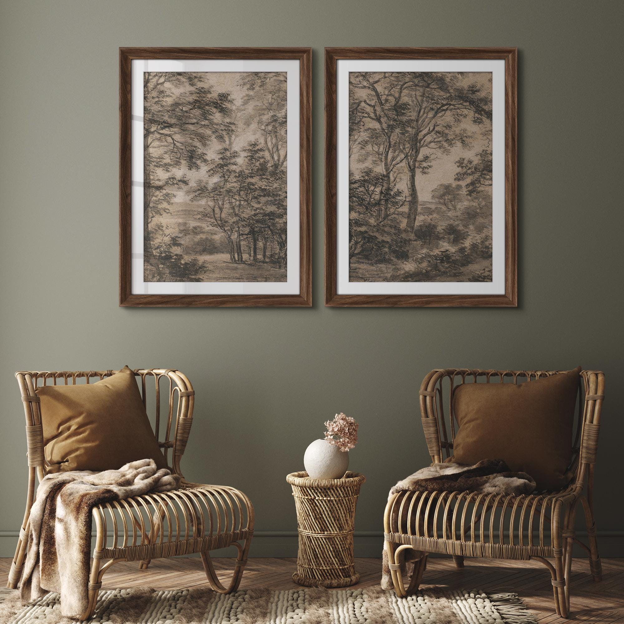 Framed Vintage Forest Landscape Wall Art Set of 2, Sepia Nature Prints ...