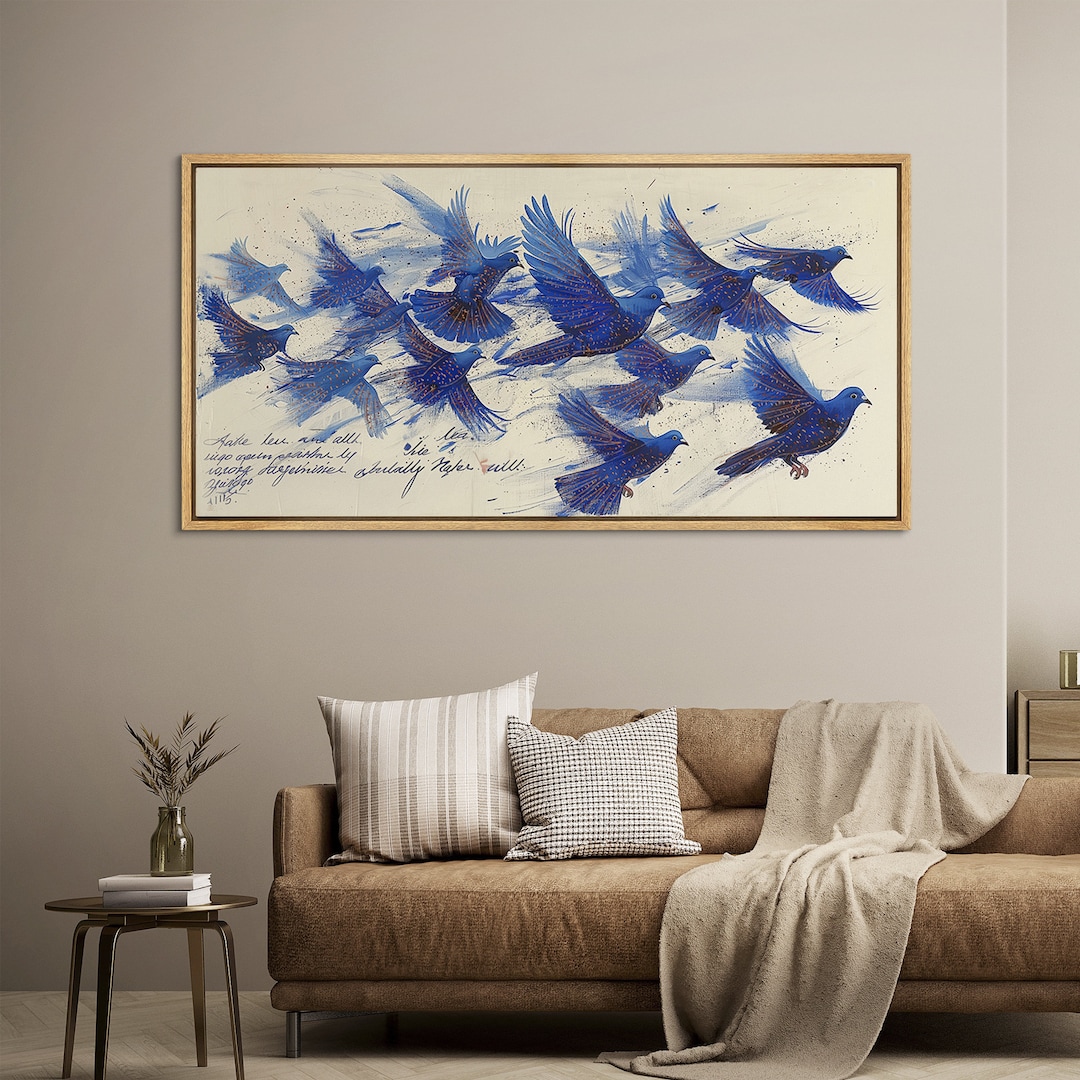 Framed Canvas Large Wall Art Bird Flock Art Print Abstract Navy Blue ...