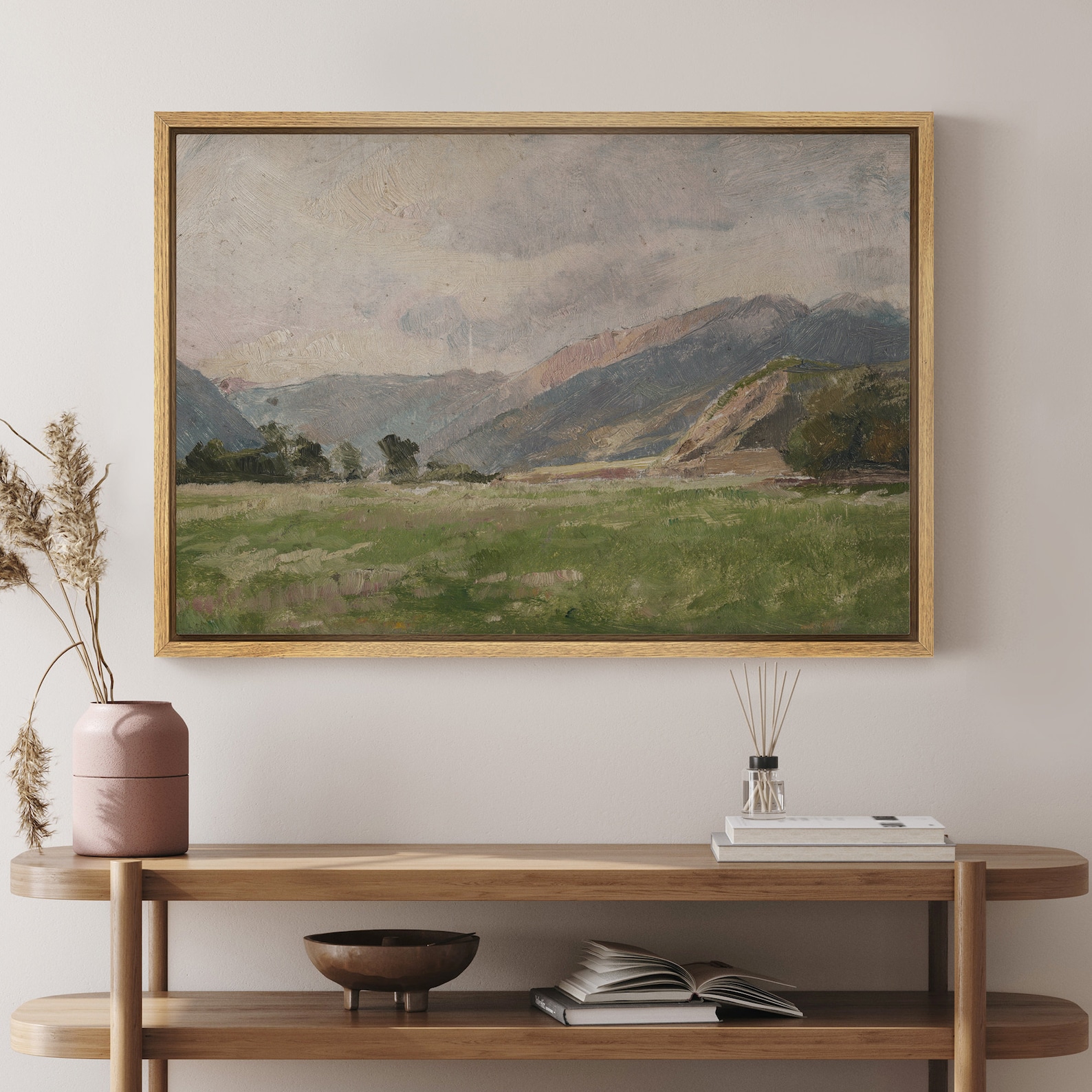 Rustic Valley Wall Art - Framed Vintage Landscape Canvas, Mountain ...