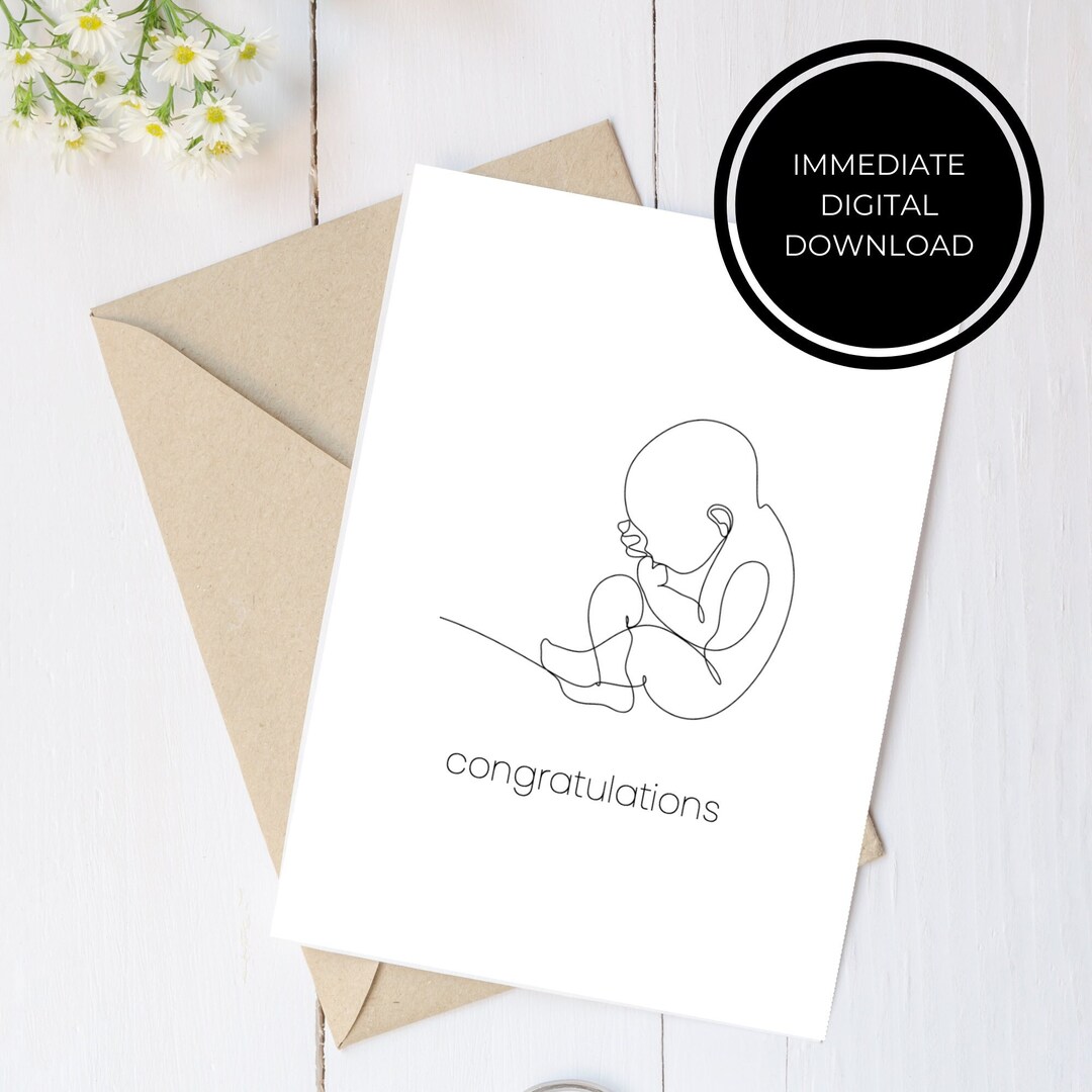 New Baby Card | Dainty Line Art, Congratulations | Printable Greeting ...