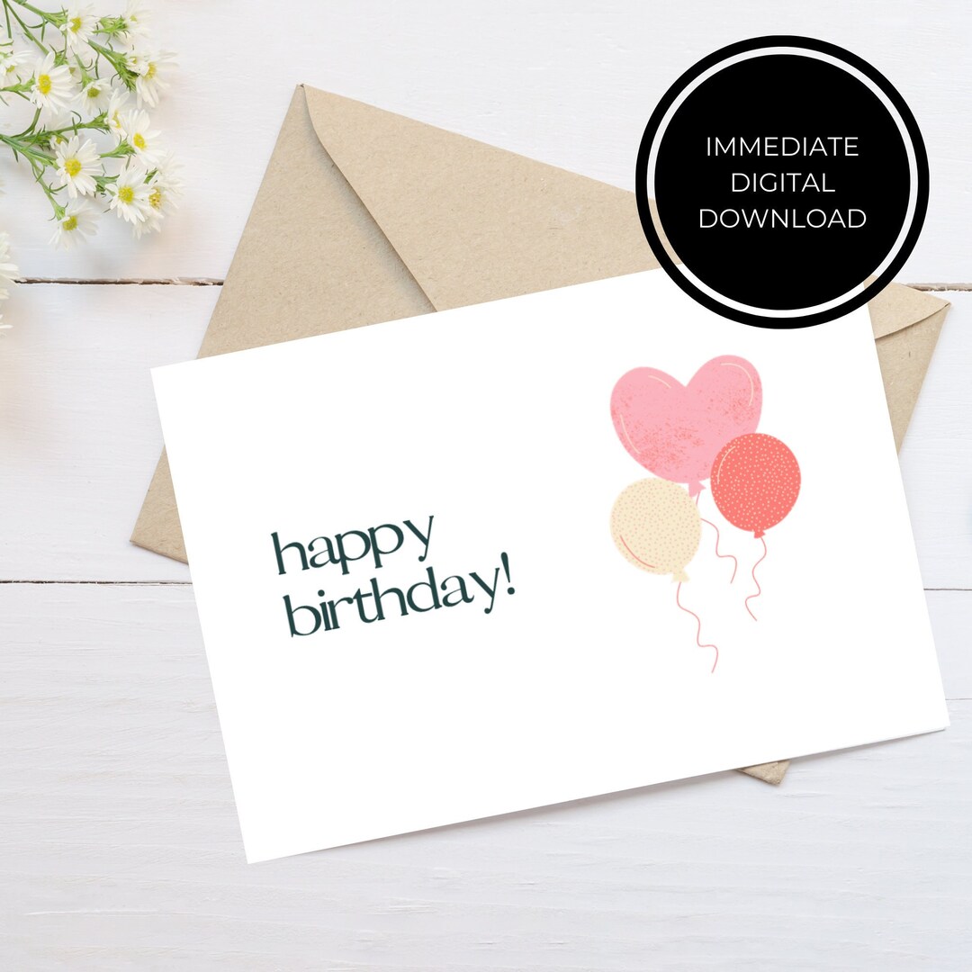 Happy Birthday Card | Dainty Pink Balloons | Printable Greeting Card ...