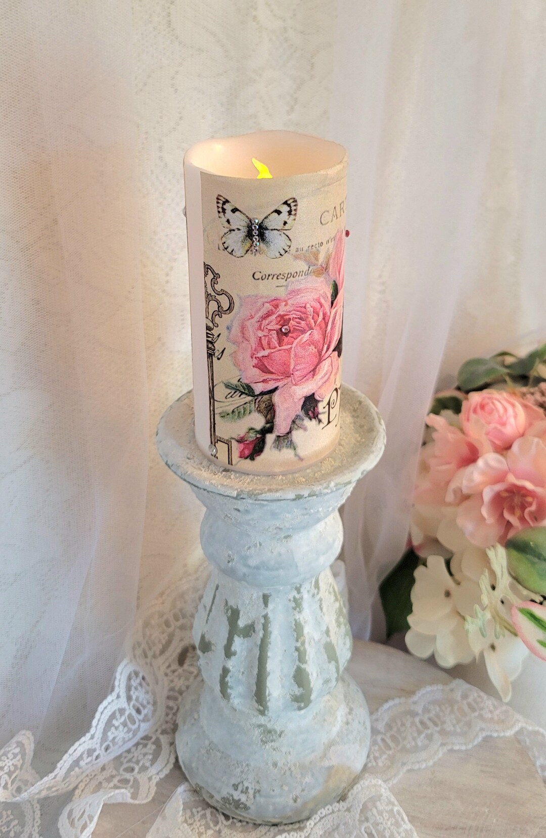 Shabby Roses Candle Flameless Candle Roses Home Decor Cottage Chic ...