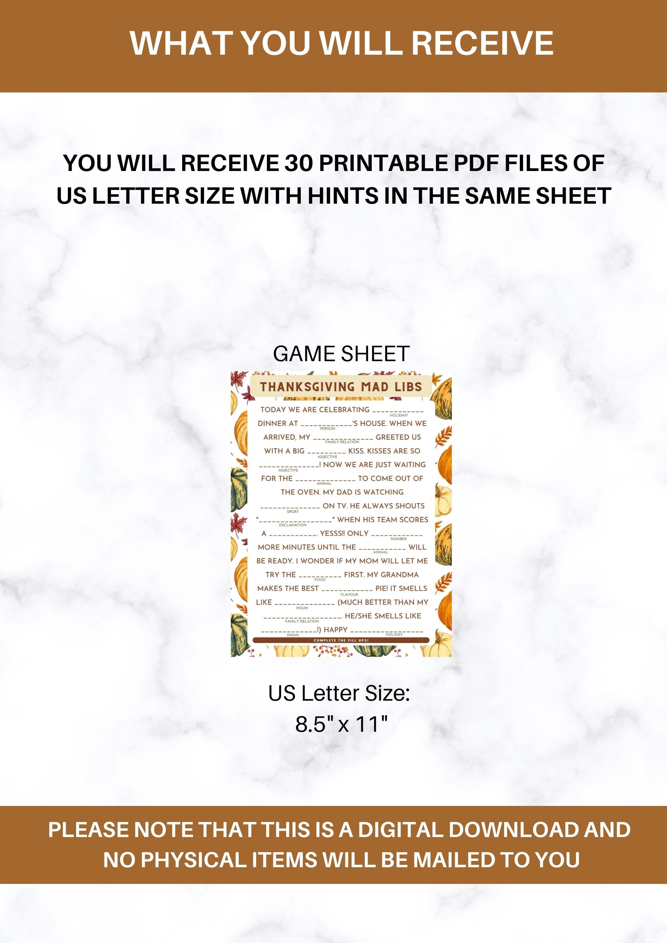 30 Page Thanksgiving Mad Libs Game Turkey Day Game for Adults Kids ...