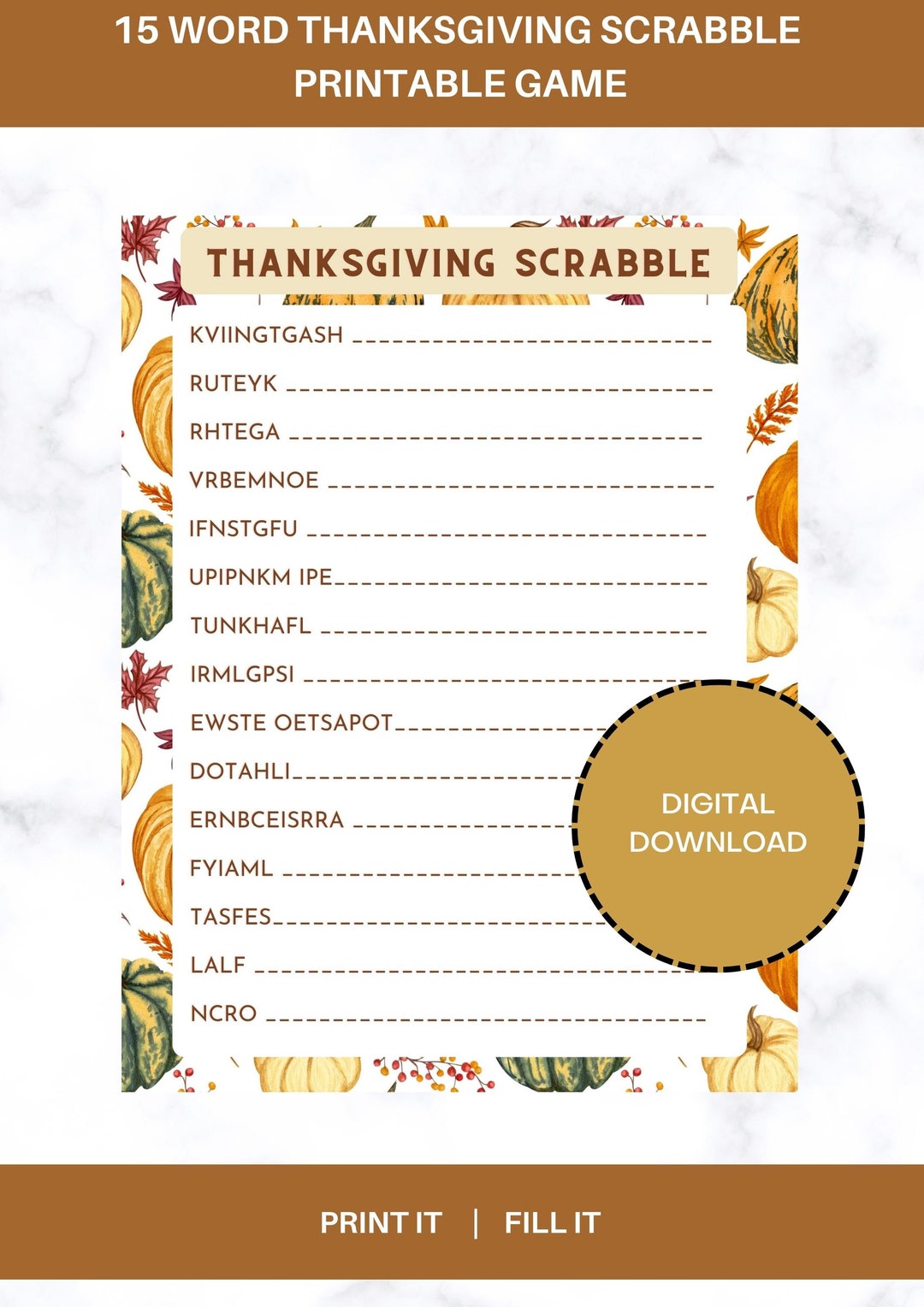 15 Word Thanksgiving Scrabble Game, Turkey Day Game for Adults Kids ...