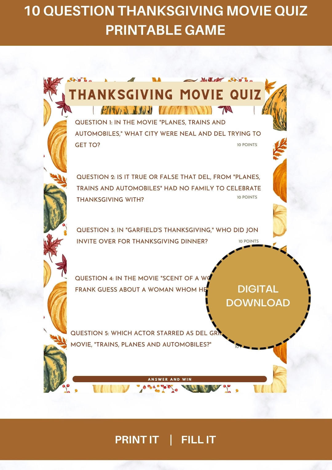 10 Question Thanksgiving Movie Quiz Game Turkey Day Game for Adult Kid ...