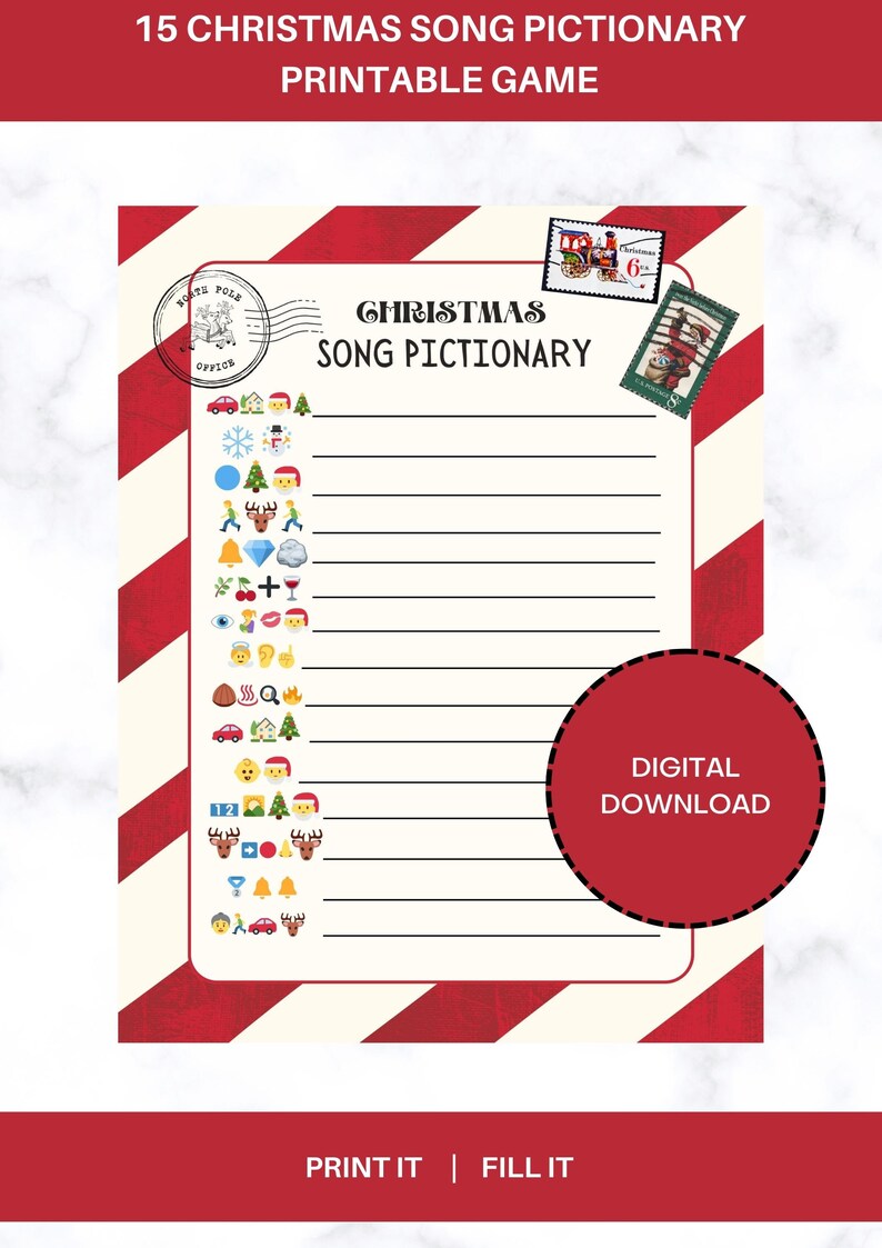 15 Christmas Song Pictionary Game Santa Gingerbread Ho Ho Ho Game for ...