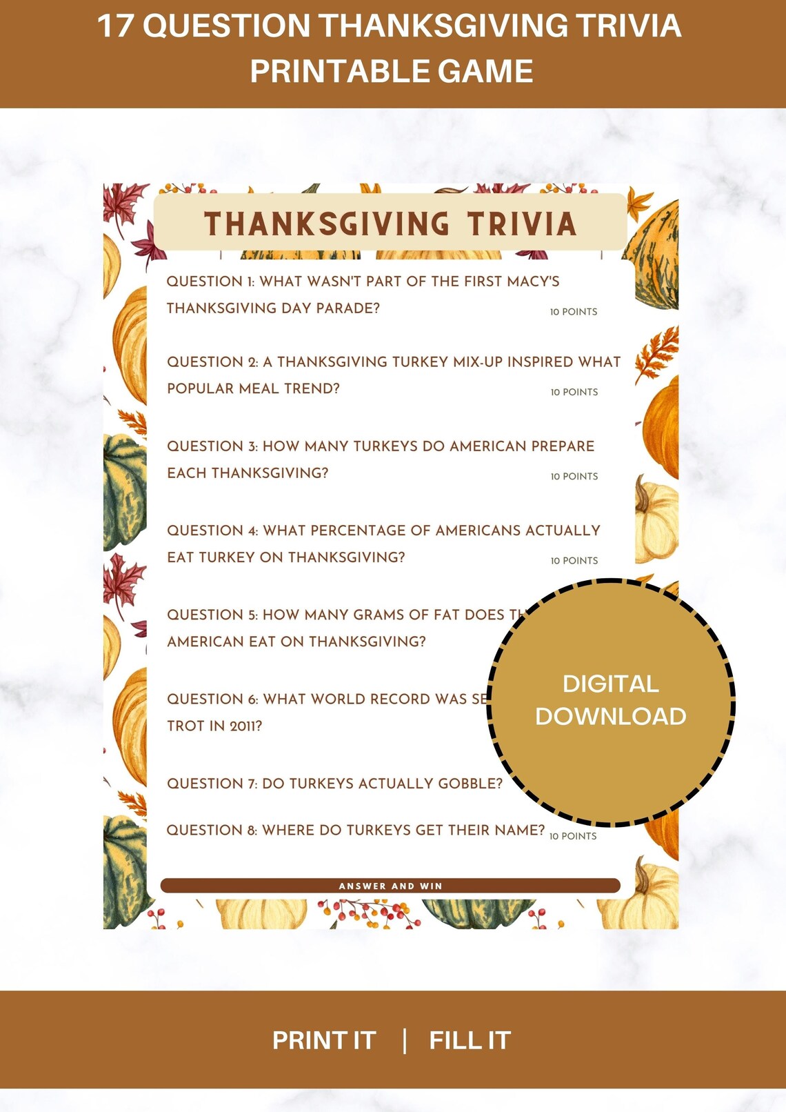 17 Question Thanksgiving Trivia Game Turkey Day Game for Adults Kids ...