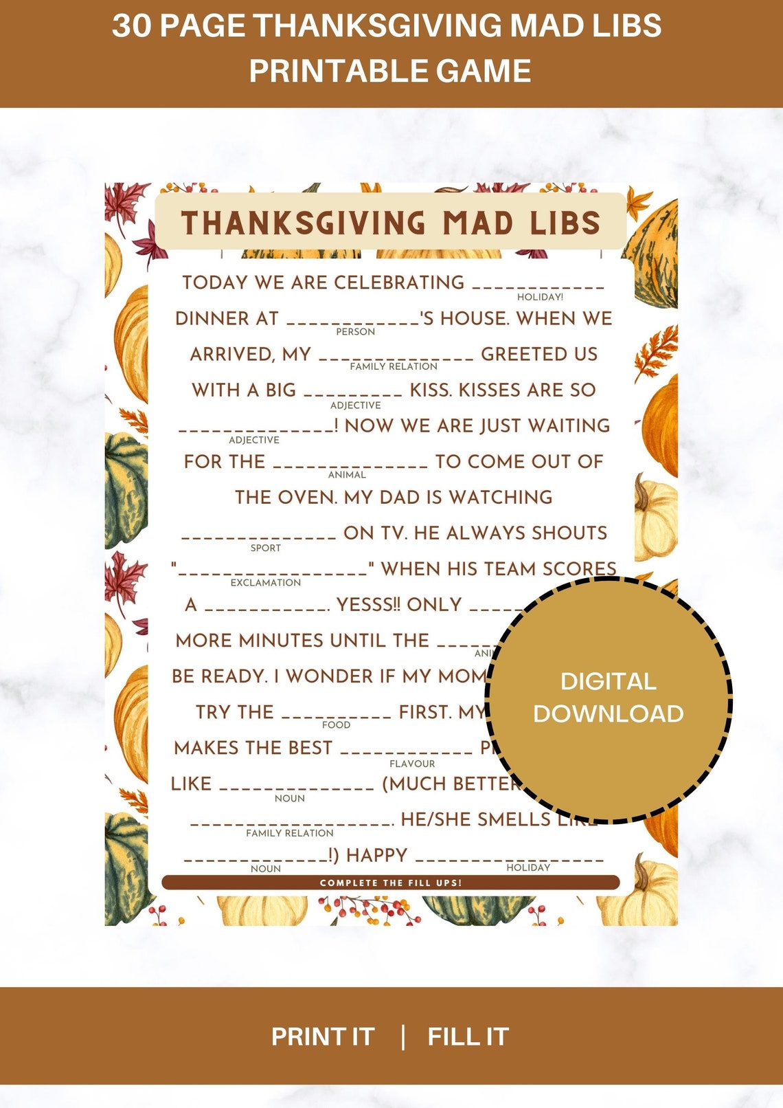 30 Page Thanksgiving Mad Libs Game Turkey Day Game for Adults Kids ...