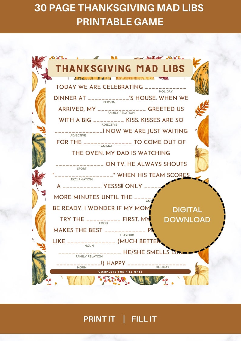 30 Page Thanksgiving Mad Libs Game Turkey Day Game for Adults Kids ...