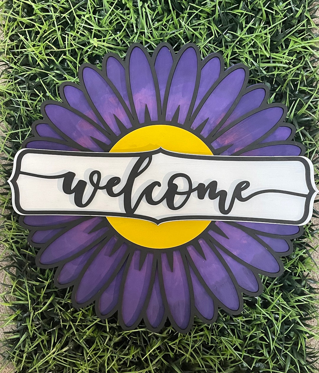 Purple Daisy Welcome Sign/ Welcome Sign/ Spring Daisy Sign/ Door Sign ...