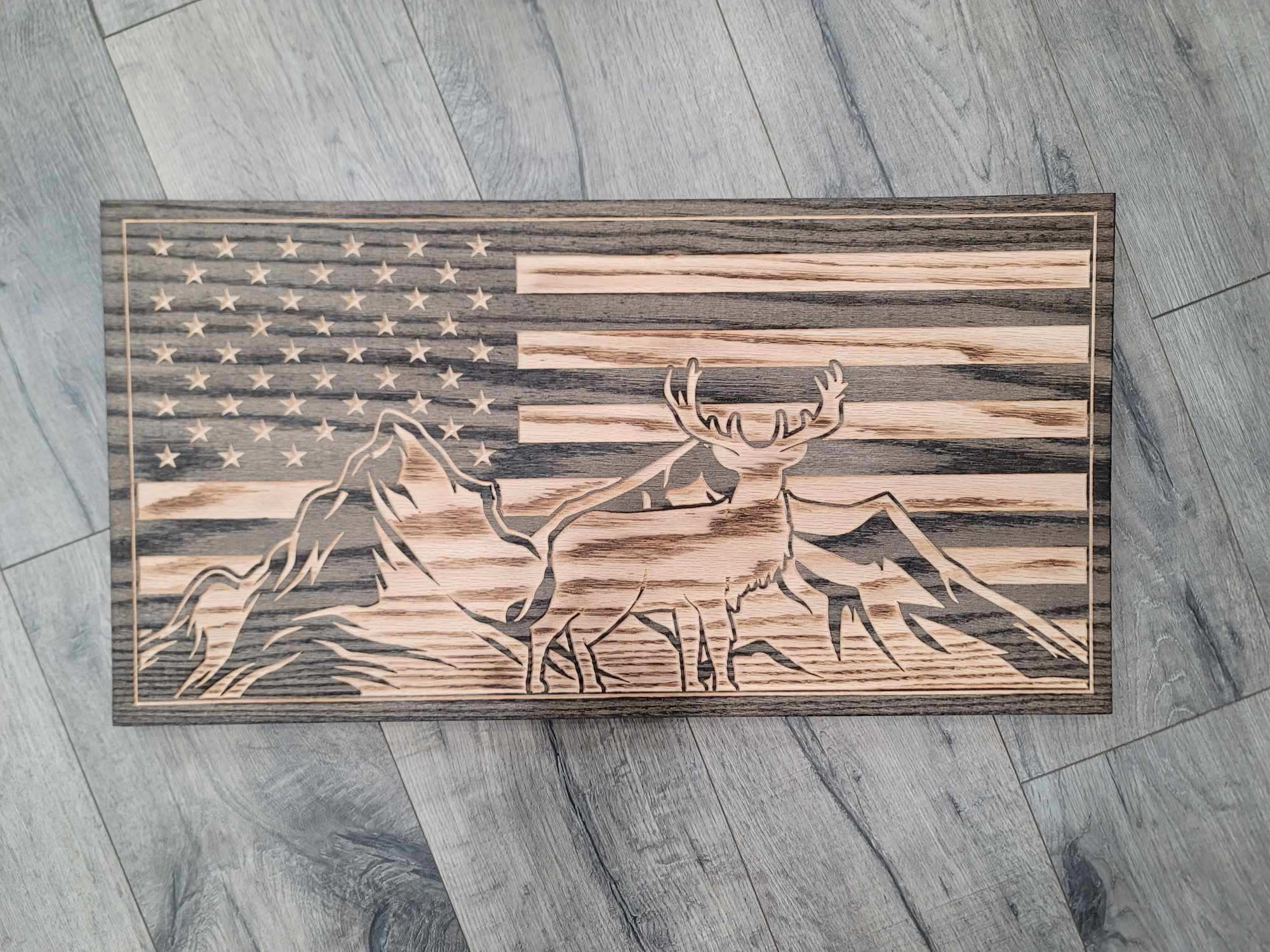 Wood American Flag Deer Sign Mountain Deer Sign Red Oak American Flag ...