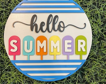 Hello Summer Round Wooden Door Sign, Seasonal Door Sign, Summer Door ...