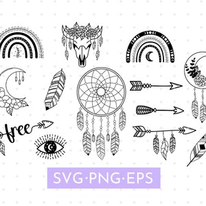 Boho Clipart SVG Bundle: Dreamcatcher, Feathers, Rainbow (digital ...