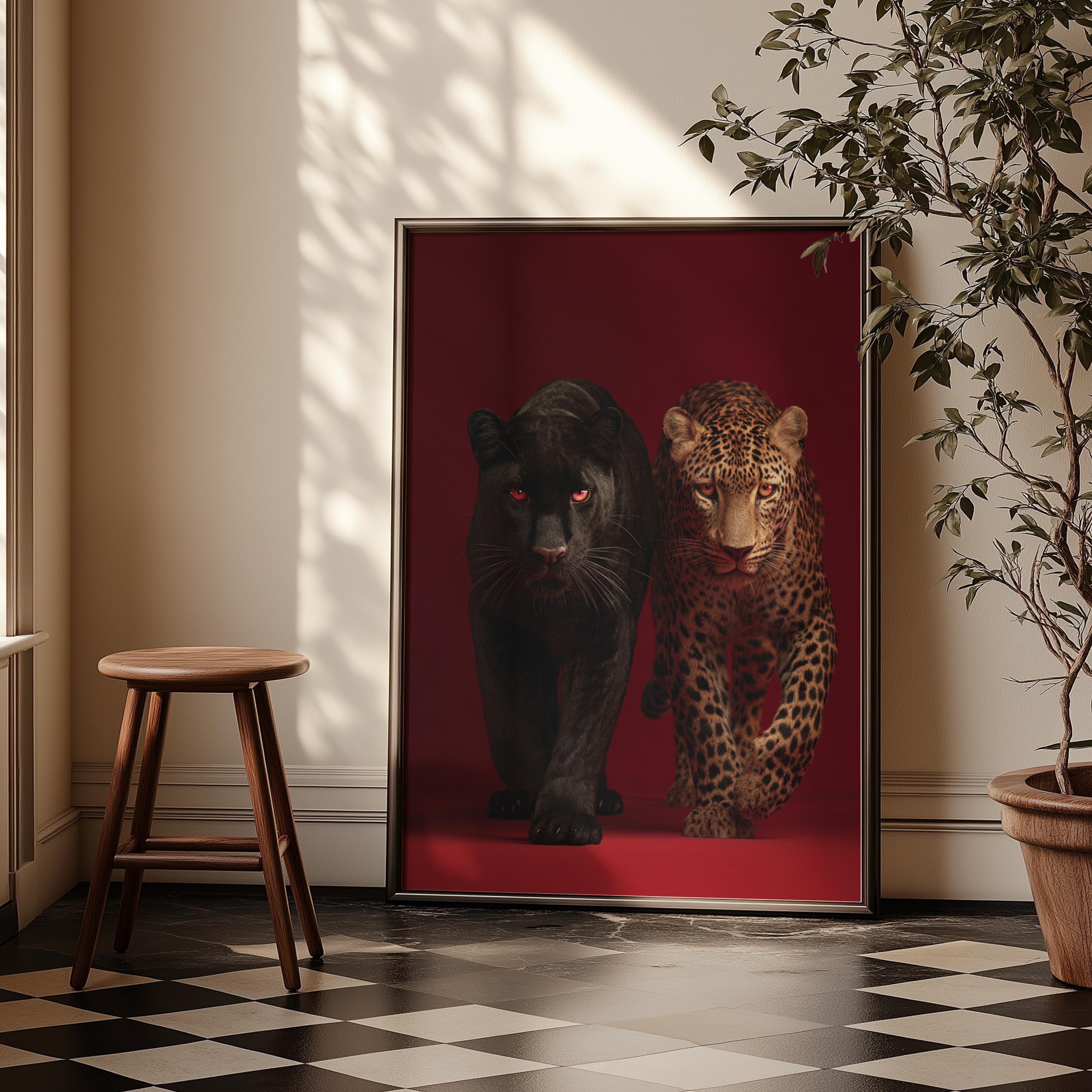 Panther & Leopard Print: Bold Jungle Cat Wall Art on Red (digital ...