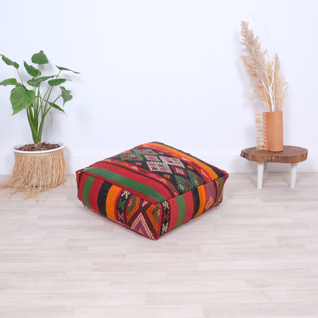 Moroccan Kilim Pouf, Floor Pouf, Vintage Moroccan Ottoman, Square Floor ...