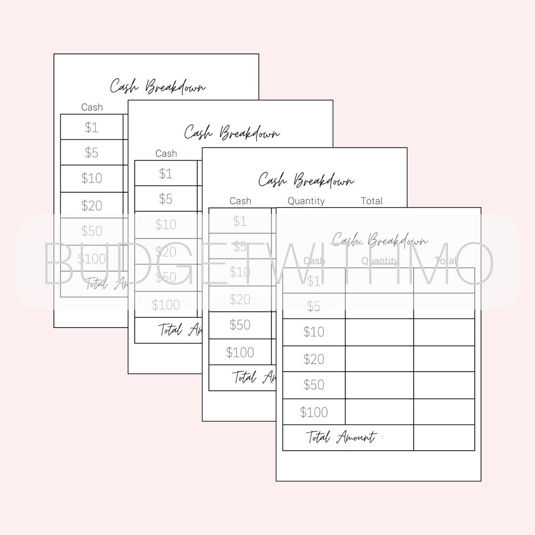 Digital Cash Breakdown Slip, Printable Cash Breakdown, Bank Teller Slip ...