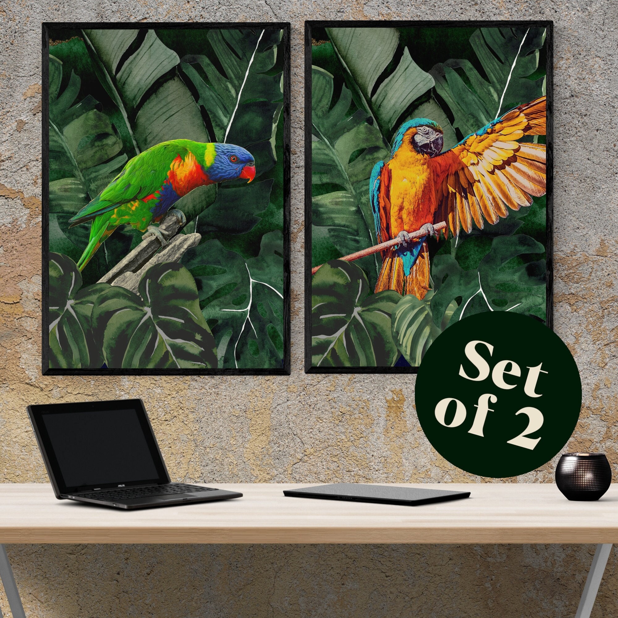 Tropical Birds Printable Set of 2 Posters Colorful Parrot Wall Art ...