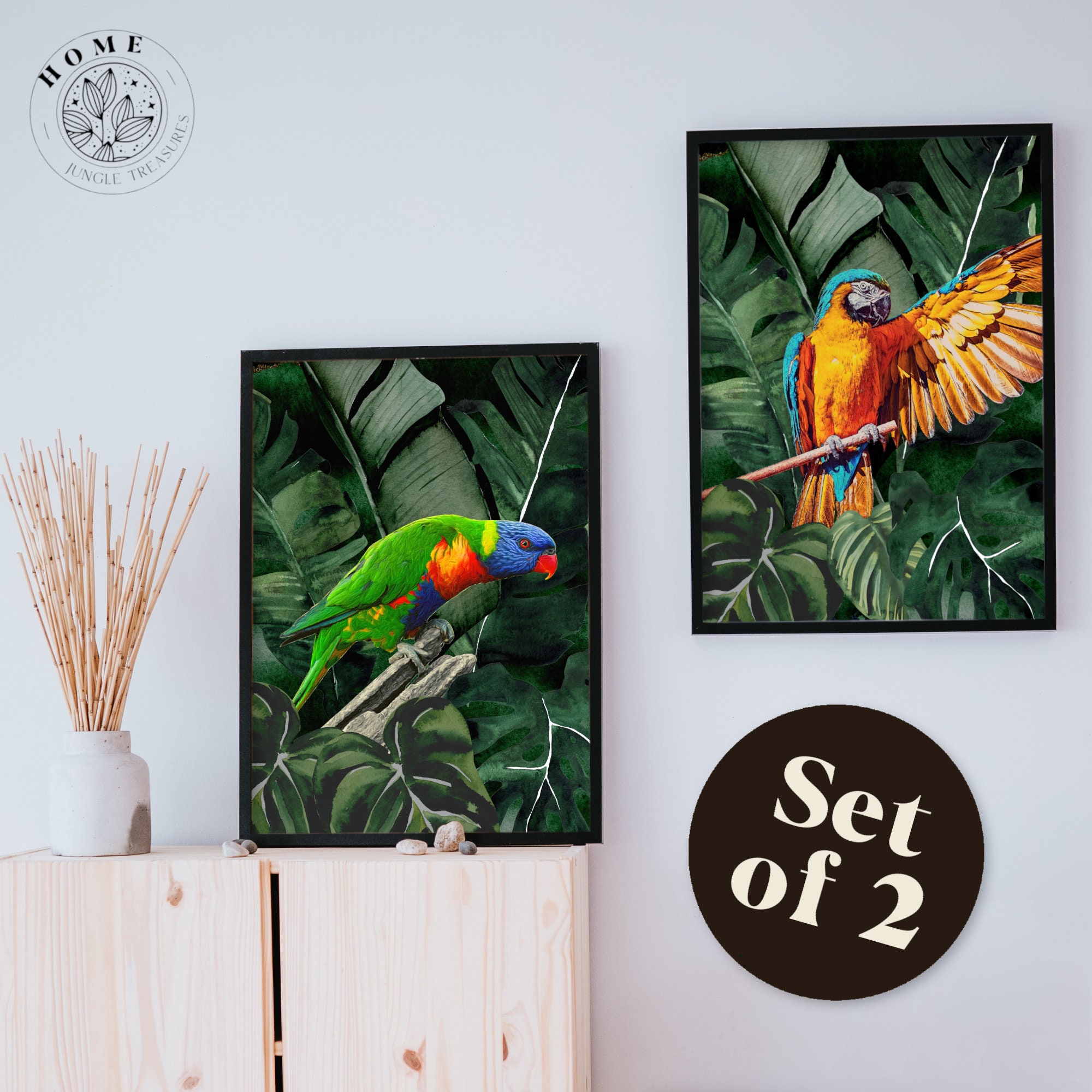 Tropical Birds Printable Set of 2 Posters Colorful Parrot Wall Art ...