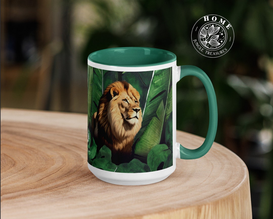 Jungle Lion Coffee or Tea Mug, 15oz Extra Large Ceramic Cup, Tropical ...