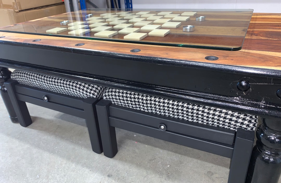 Bespoke Hand-crafted Chess & Draughts Table Plus 2x Stools With Draws ...