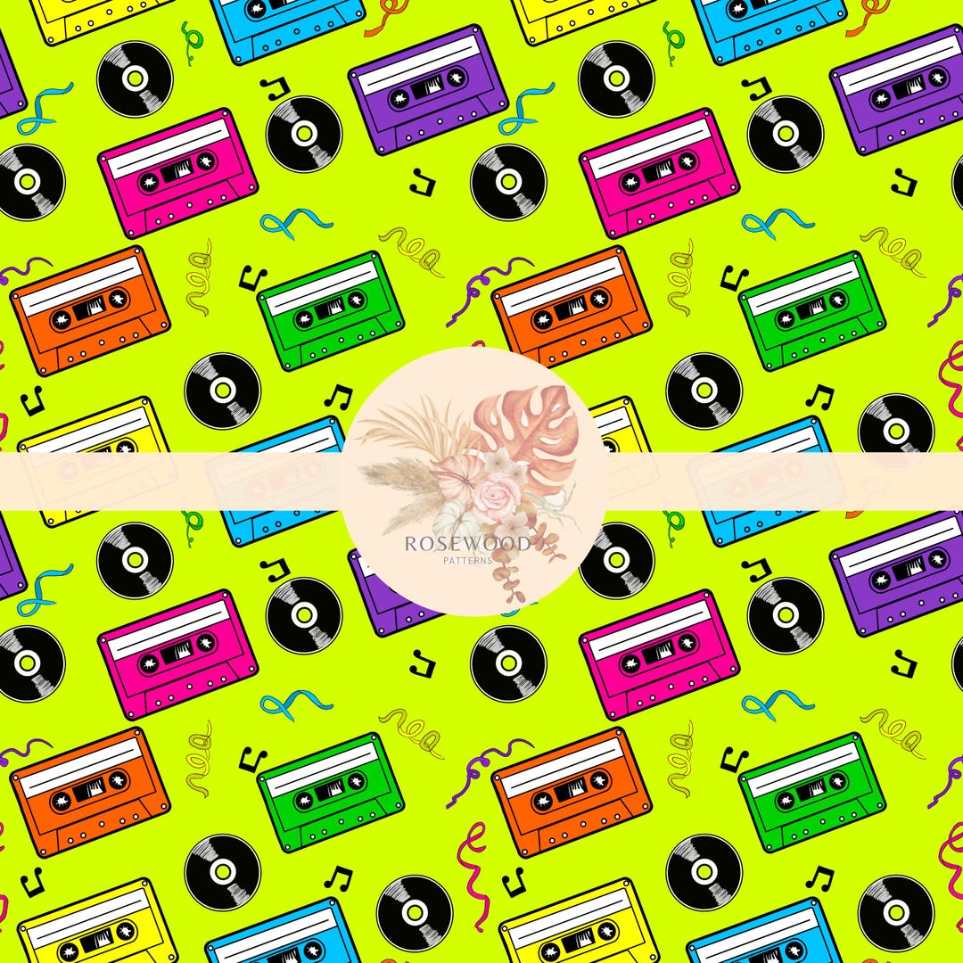 90s Retro Music Seamless Pattern, Cassette Tape & Vinyl Record Digital ...