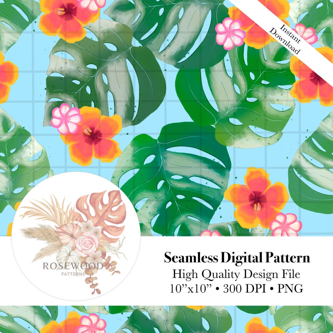 Tropical Seamless Pattern, Monstera Leaf and Hibiscus Digital Paper ...