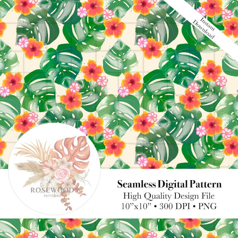 Tropical Seamless Pattern, Monstera Leaf and Hibiscus Digital Paper ...