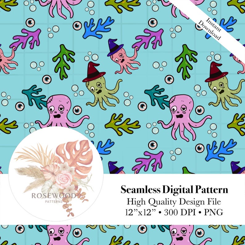 Zombie Octopus Seamless Pattern | Spooky Undersea Halloween Fabric ...