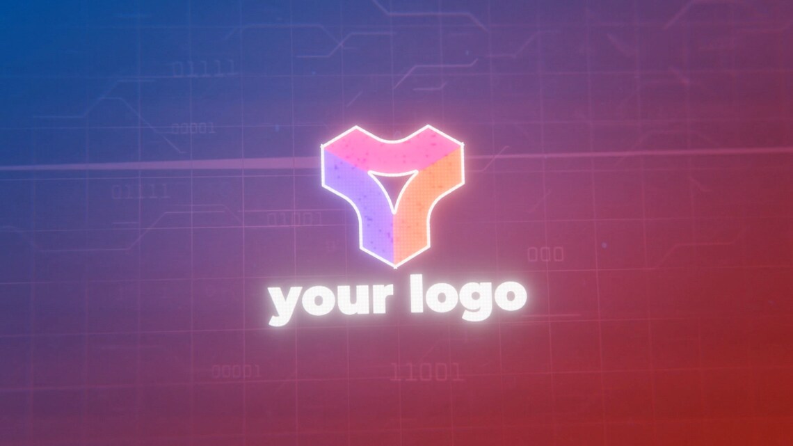 Technology Gradient Logo With Glitch Effect Tech Grid as a Background ...