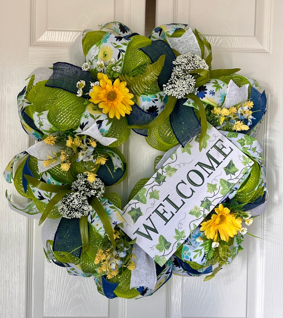 Welcome Front Door Farmhouse Bright Green and White Wreath With ...