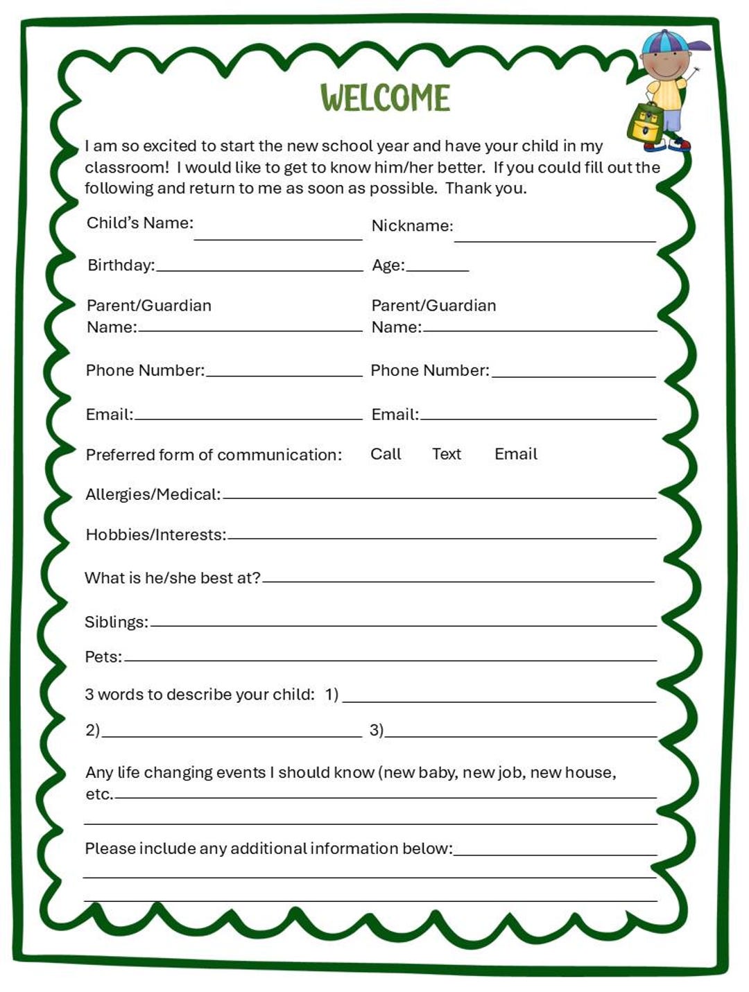 Preschool Welcome Questionnaire - Etsy