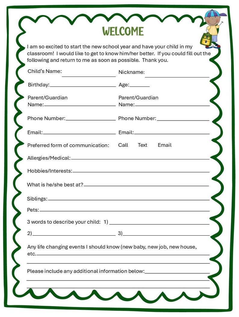 Preschool Welcome Questionnaire - Etsy