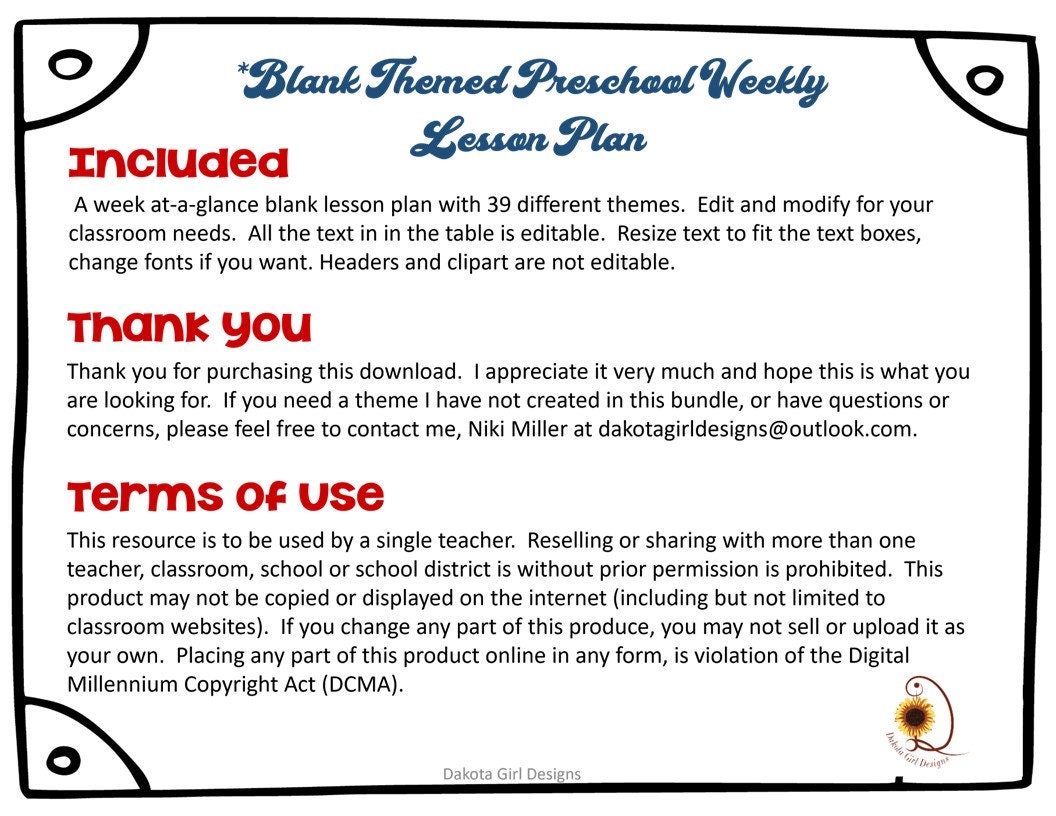 BLANK - Preschool Themed Weekly Lesson Plan Template - Etsy
