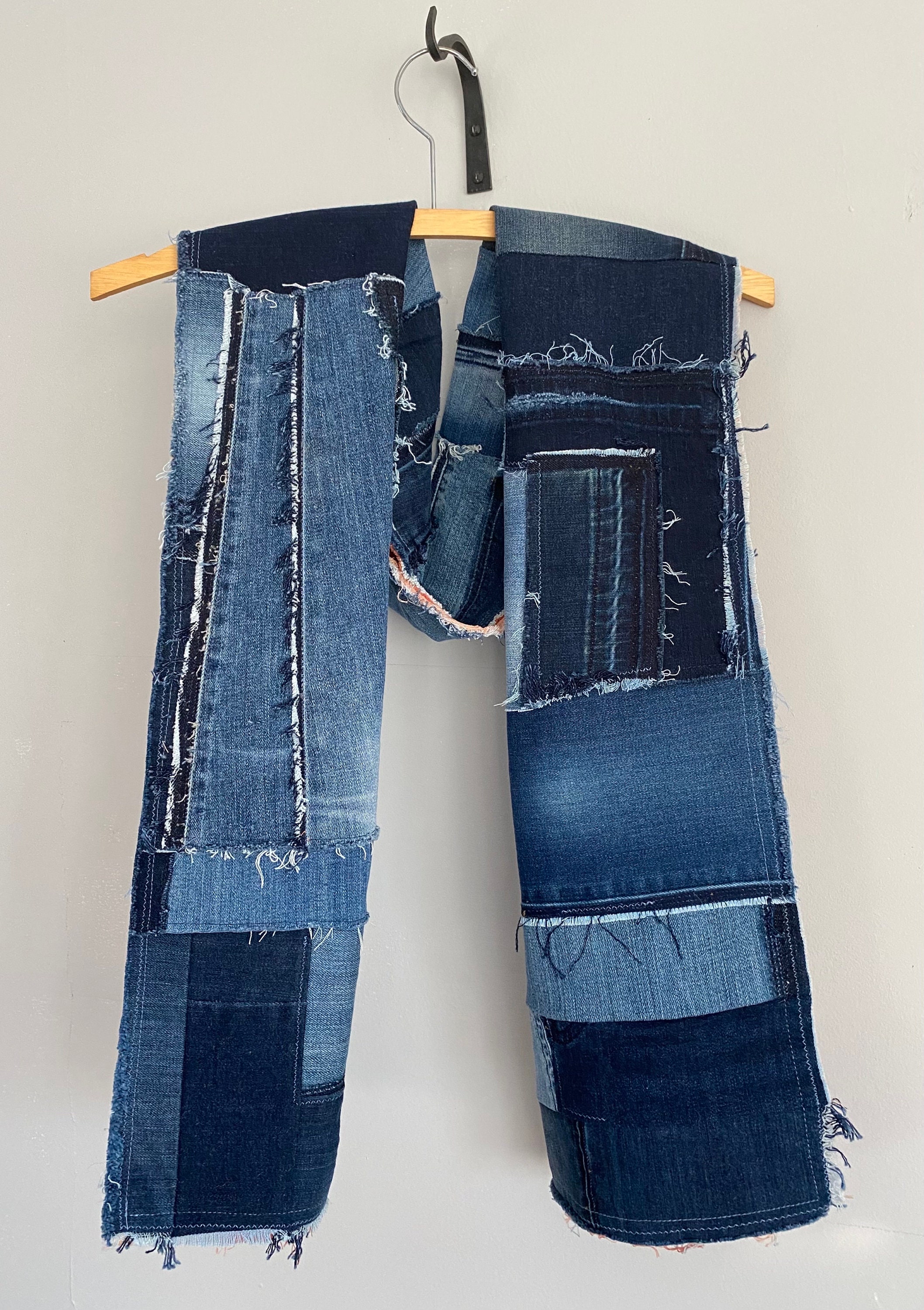 Up-cycled Long Denim Patchwork Scarf - Blue & Orange Streetwear PLUS ...