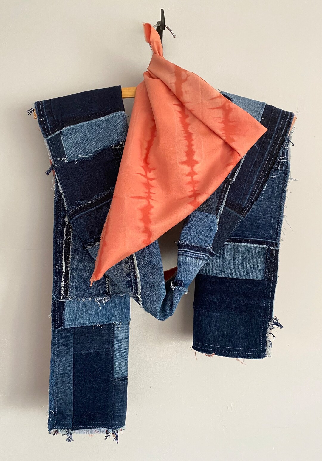 Up-cycled Long Denim Patchwork Scarf - Blue & Orange Streetwear PLUS ...