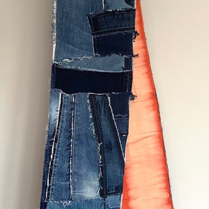 Up-cycled Long Denim Patchwork Scarf - Blue & Orange Streetwear PLUS ...
