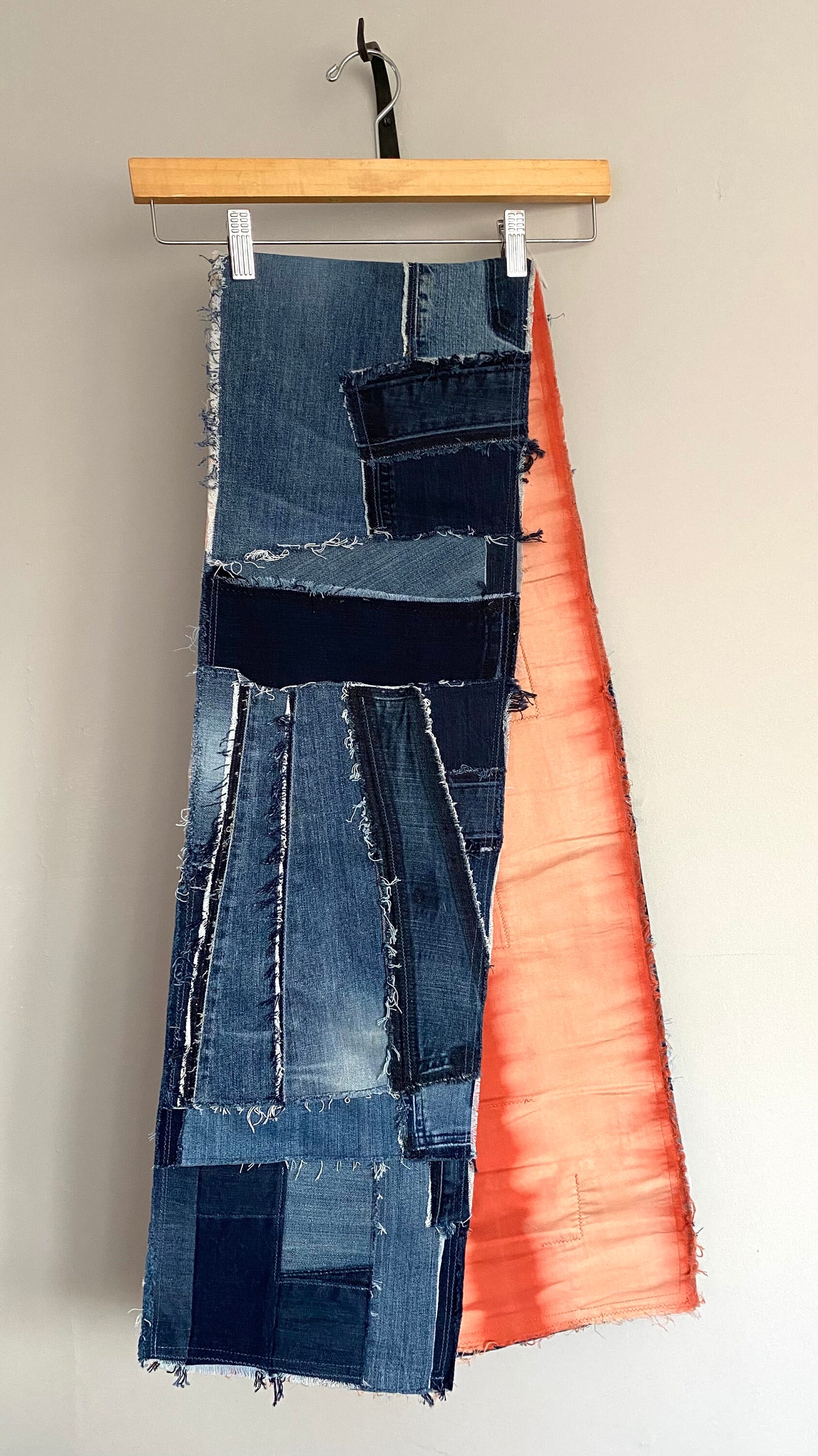 Up-cycled Long Denim Patchwork Scarf - Blue & Orange Streetwear PLUS ...