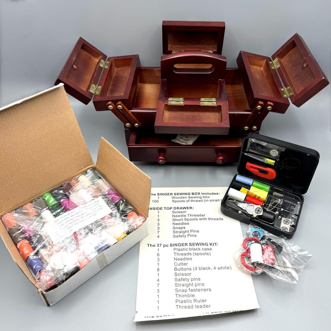 NEW VTG Singer Sewing Box Caddy Wood Fully Loaded Accordion Carry 72pcs ...