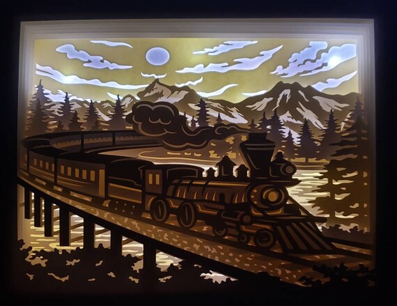 Lights included! Train shadow box (8.5x11) (finished physical product ...
