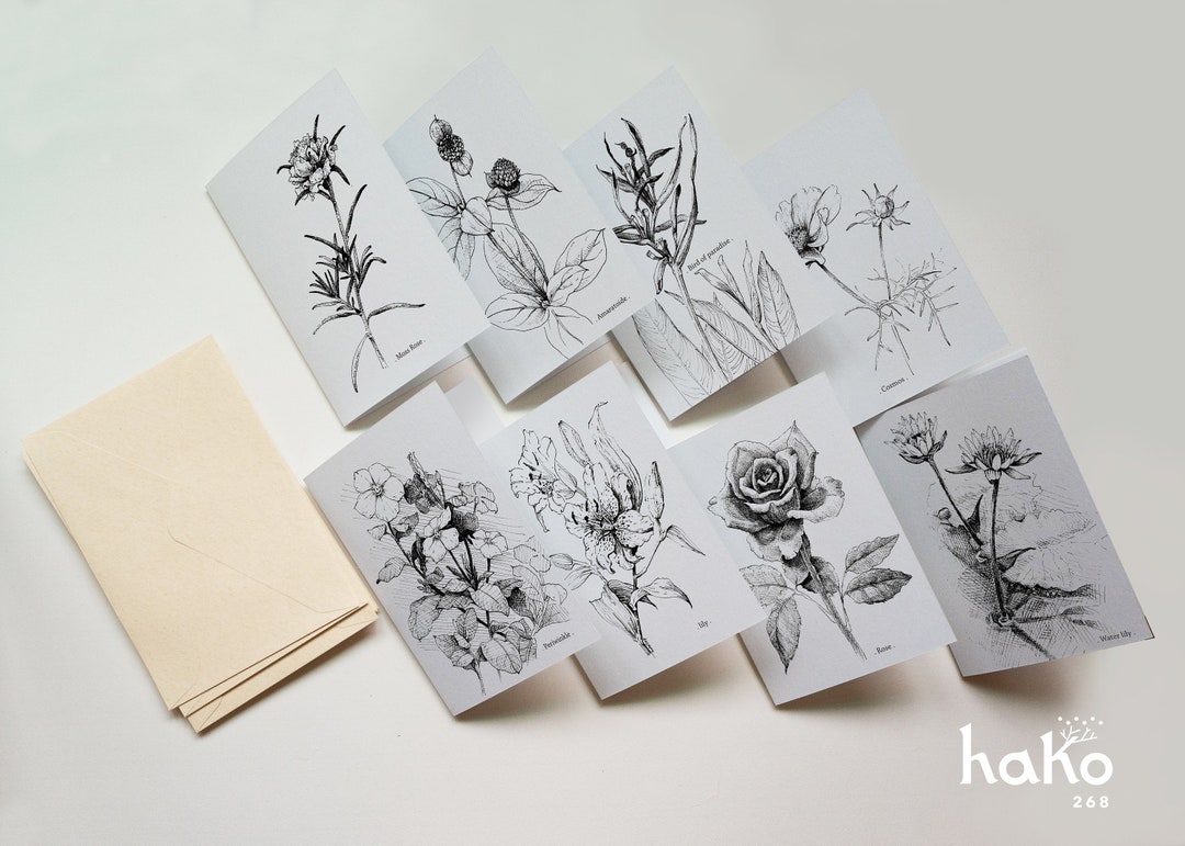 8 Floral Notelets With Envelopes / Double-fold Card / Drawing - Etsy