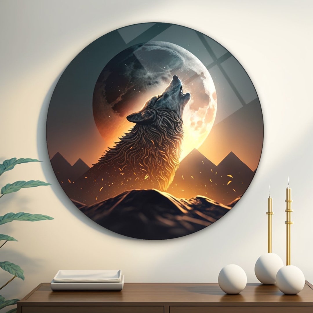 Howling Wolf Round Glass Painting Glass Painting Wall Hanger - Etsy