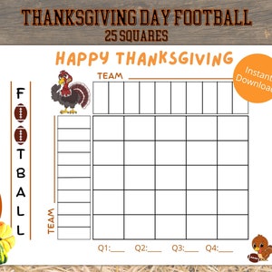 Thanksgiving Football 25 Squares Game, Thanksgiving Football Pool ...