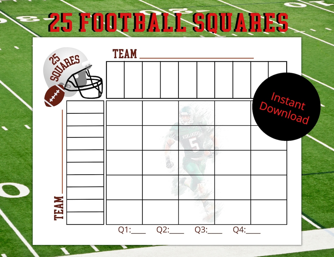 Football 25 Squares Game, Football Squares Grid Printable, Superbowl ...