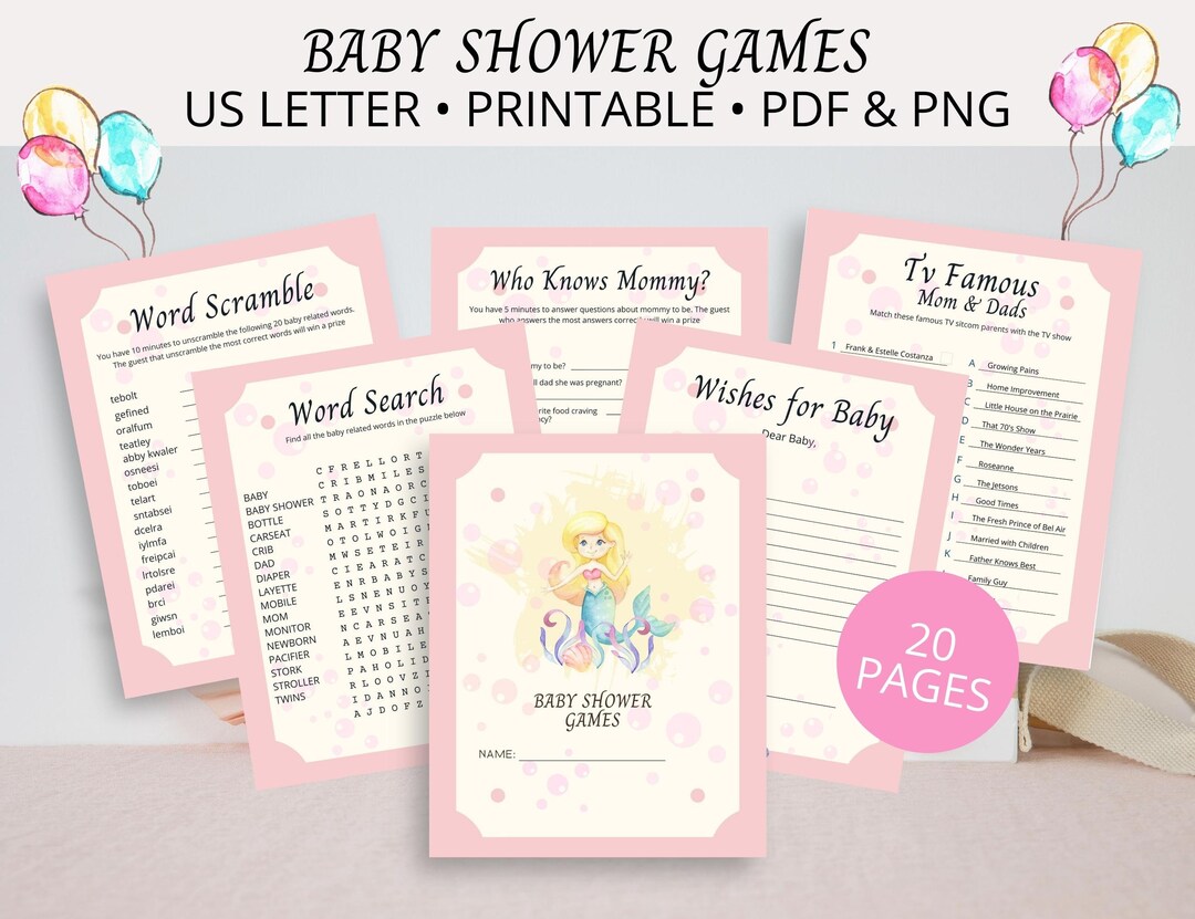 Mermaid Baby Shower Games Printable, Baby Game Bundle With 20 Pages ...