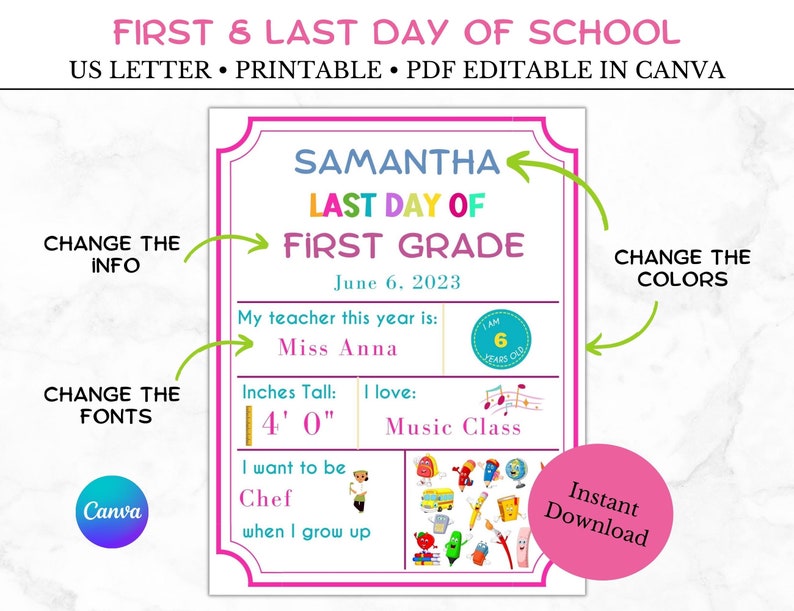 First & Last Day of School Sign Bundle Canva Editable, Preschool ...
