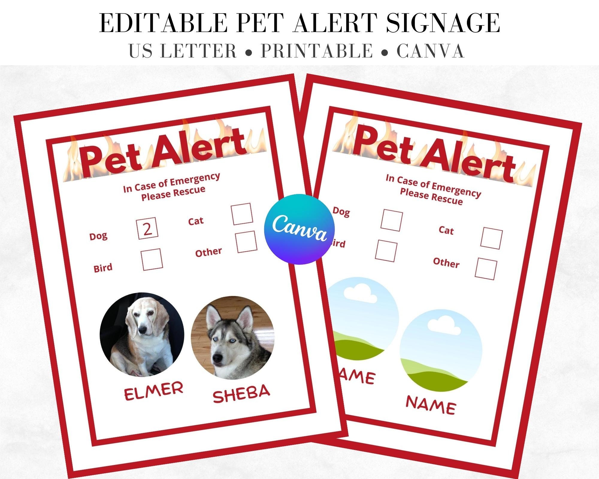 Editable Pet Alert Signage, Canva Editable Pet Window Sign, Pet Alert ...
